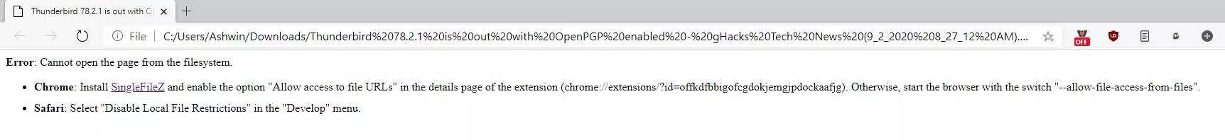 SingleFileZ Chrome ընդլայնման պահանջներ