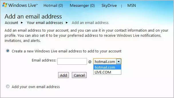 ہاٹ میل ای میل ایڈریس شامل کریں۔