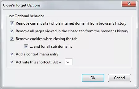 Close'n Forget supprime les sites actifs de l'historique de Firefox