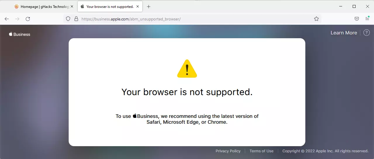 Apple의 비즈니스 웹사이트가 Firefox를 차단하고 있습니다. 액세스 권한을 얻는 방법은 다음과 같습니다.