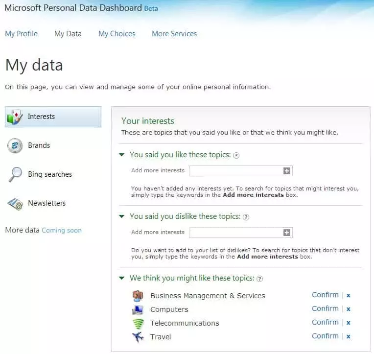 Daneyên Hesabê Microsoft-ê bi Dashboardê Daneyên Kesane yên Microsoft-ê re rêvebirin