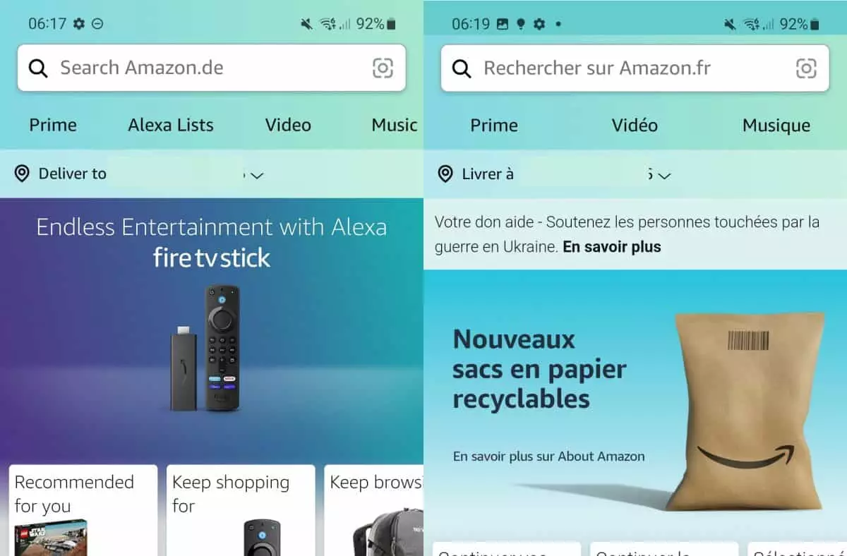 Overschakelen naar een andere regionale winkel in de Amazon-app