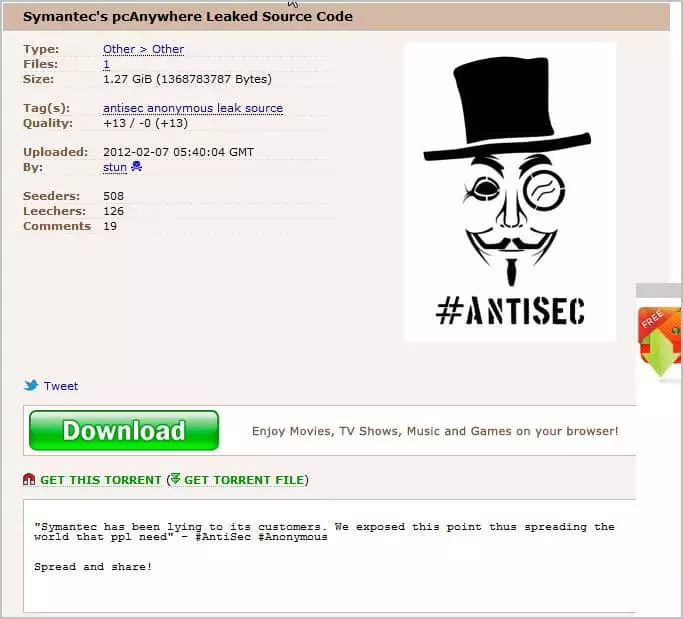 Il-Kodiċi Sors pcAnywhere ta' Symantec Ippubblikat