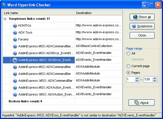 Word-asiakirjan hyperlinkkien tarkistus