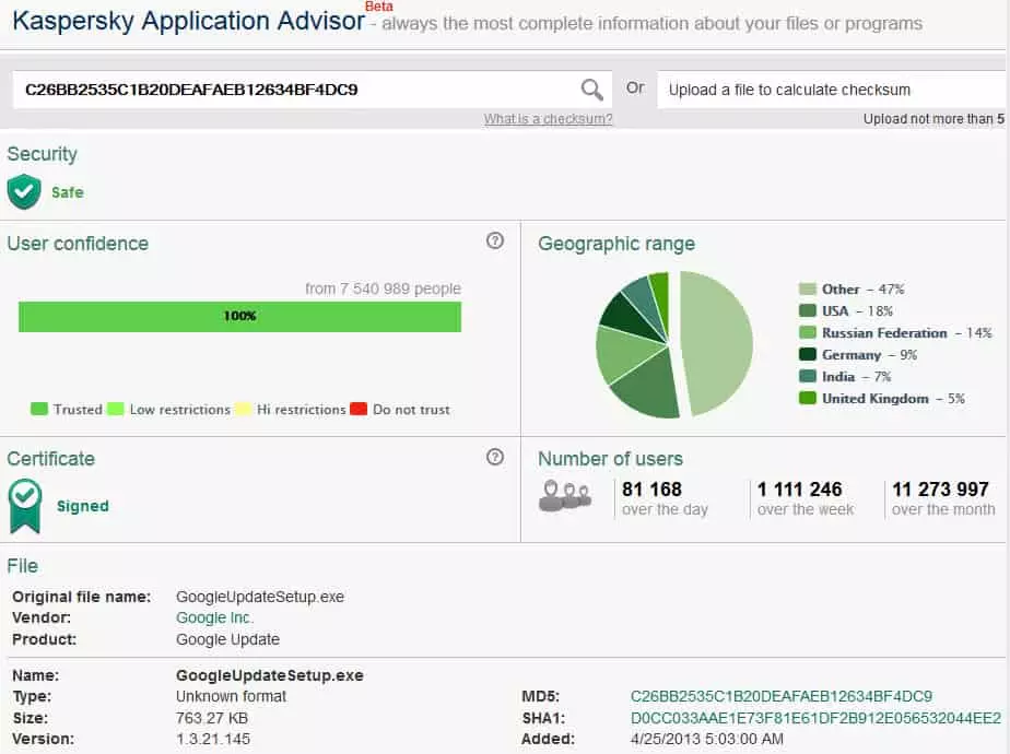 Ang Kaspersky Application Advisor nagpadayag sa impormasyon bahin sa mga file o programa online