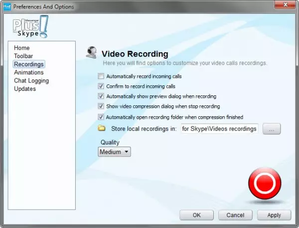 اسکائپ ویڈیو ریکارڈنگ کی ترجیحات