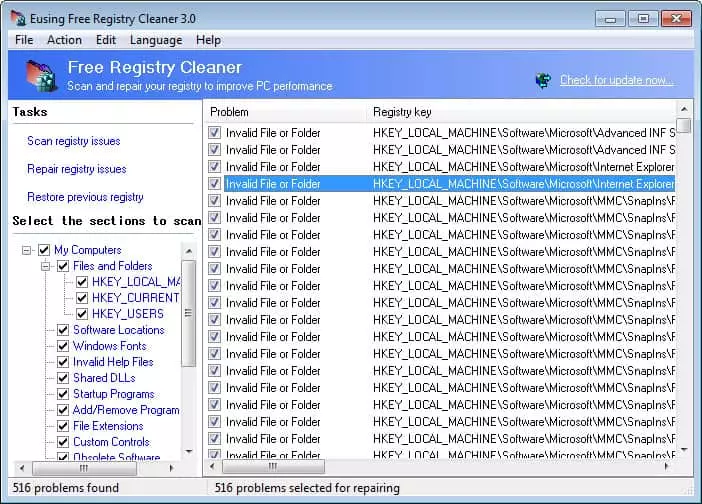 Eusing Free Registry Cleaner 3.0 പുറത്തിറങ്ങി