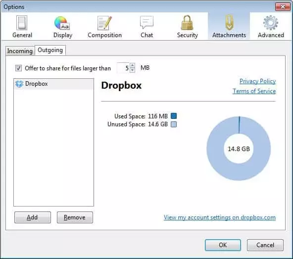 Thunderbird: Integrasi Dropbox Filelink ayeuna sayogi salaku ekstensi