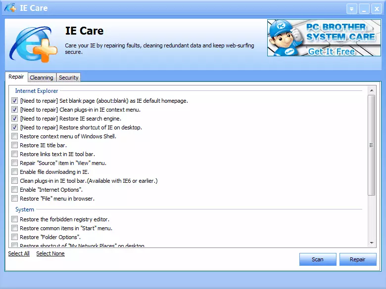 IE Care, Internet Explorer Repair At Cleaning Tool