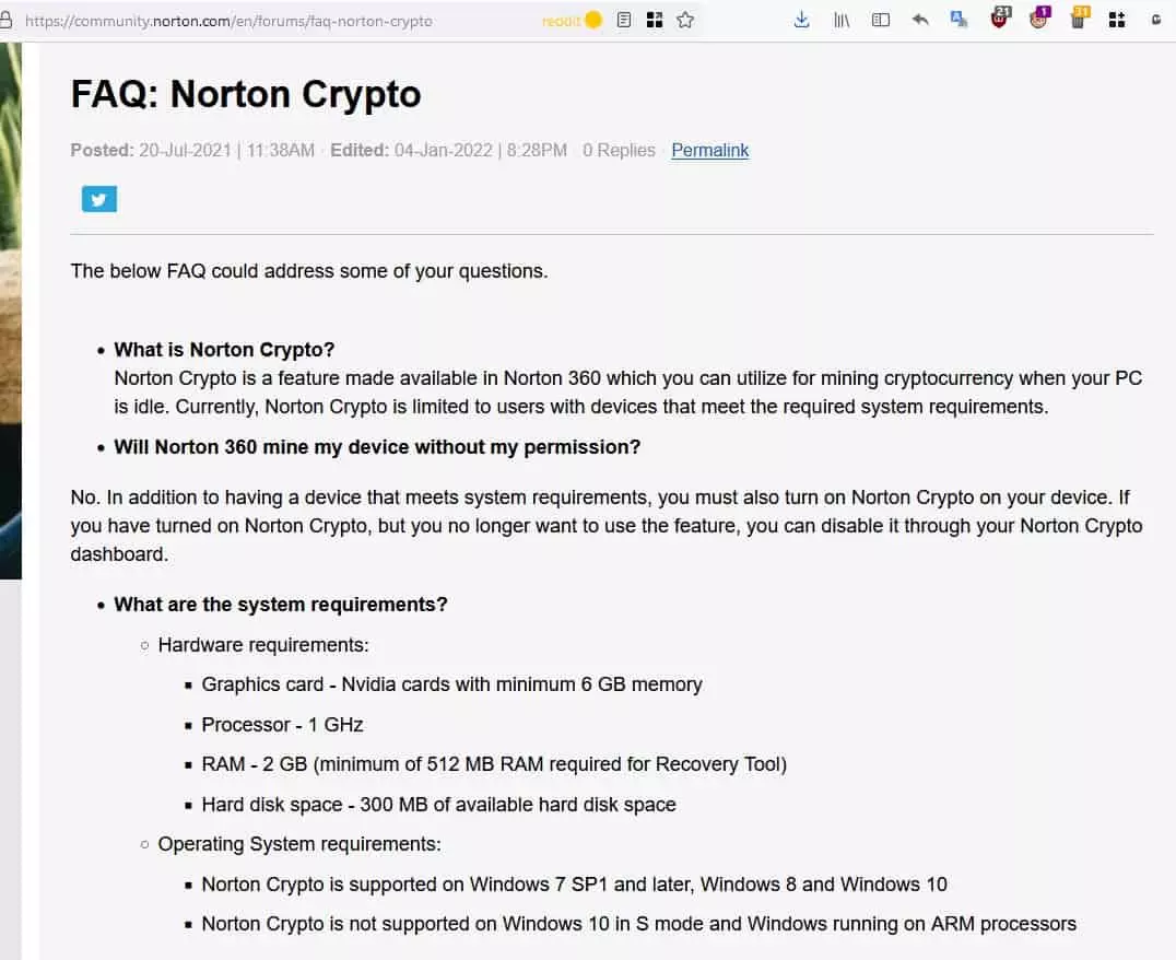 Ndị ọrụ na-ekwu na Norton 360 antivirus na-etinye ihe ntanetị crypto na PC na ndabara