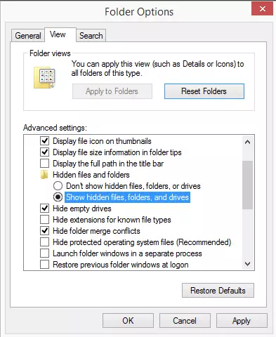 показване на папки със скрити файлове в windows 8