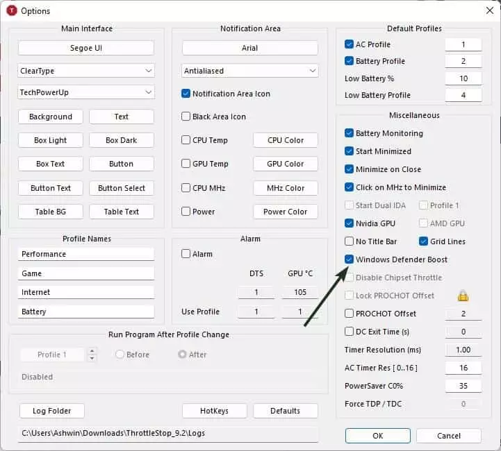 Ang Windows Defender Boost ThrottleStop 9.5