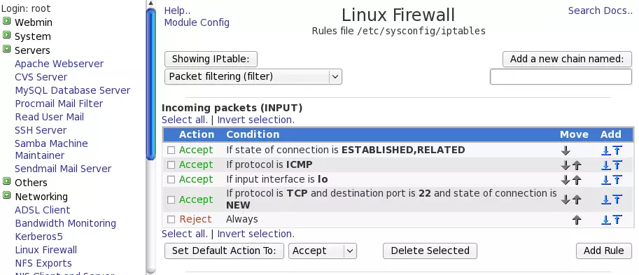 Linux Firewall-ის კონფიგურაცია Webmin-ით