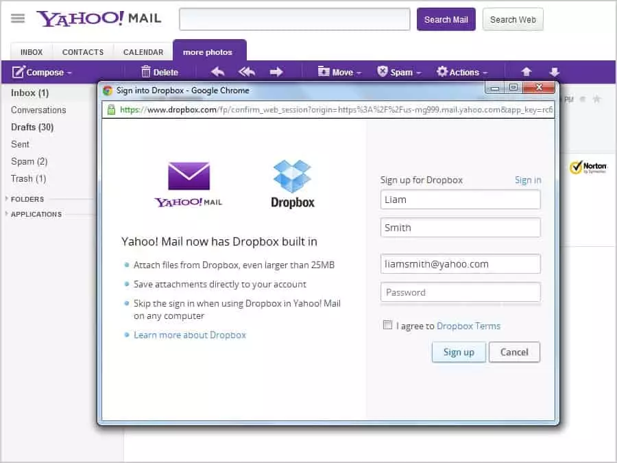 Yahoo Mail بۈگۈندىن باشلاپ Dropbox بىر گەۋدىلەشتۈرۈلگەن