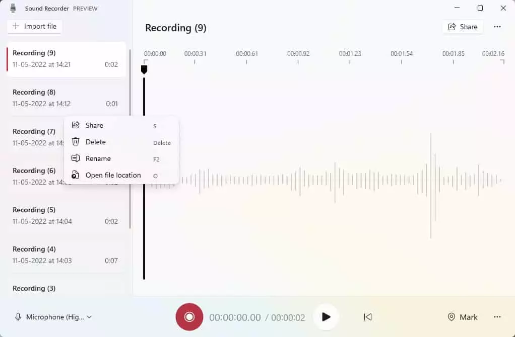 Меню с десен бутон на мишката върху приложението Sound Recorder