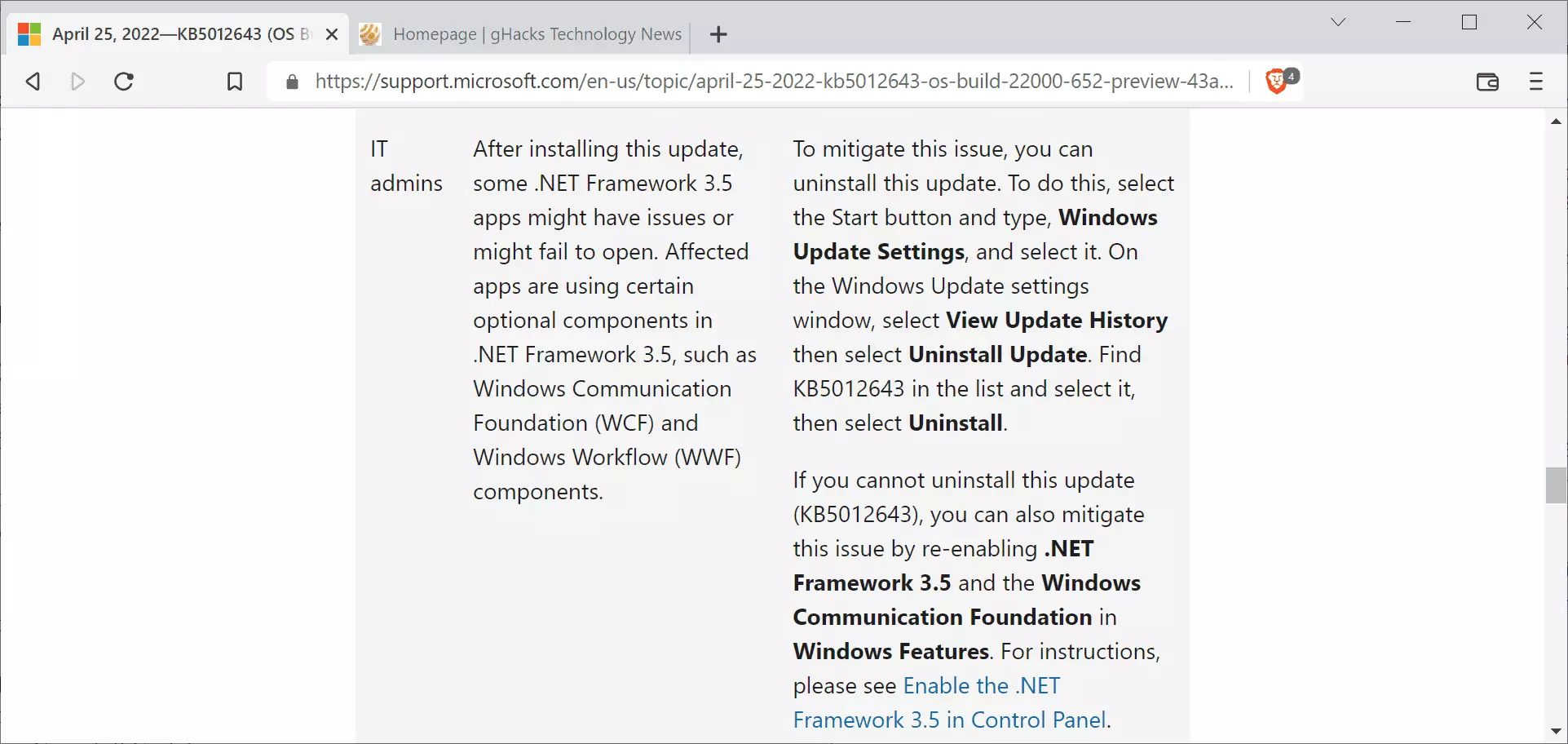 KB5012643 untuk Windows 11 mungkin membuat crash beberapa aplikasi .Net