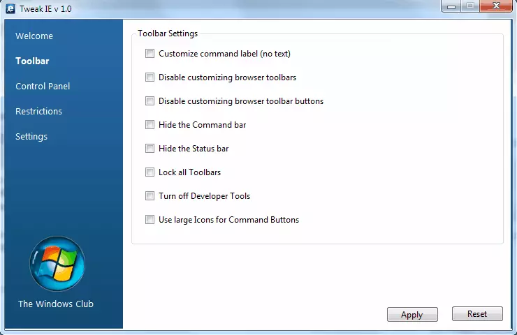 Tweak Internet Explorer, Toolbar, Tapulaʻa, Faʻatonu