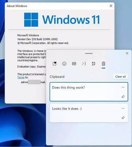 Windows 11 Insider Preview Bygg 22499 utklippstavlehistorikk