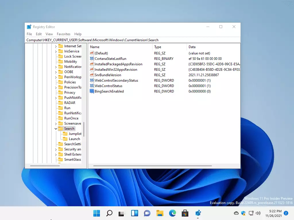 Windows 11 disabilita la ricerca Bing