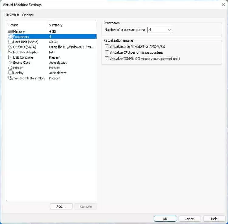 VMware Workstation Player-processorkärnor