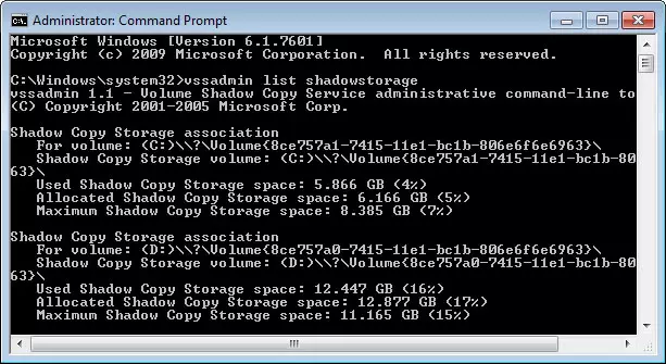 vssadmin npe shadowstorage