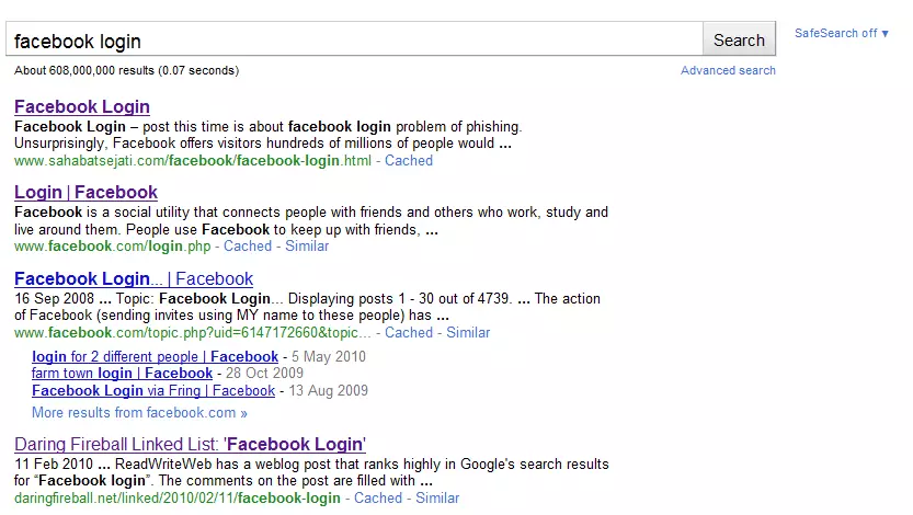 Facebook உள்நுழைவு தரவரிசை சிக்கல்கள் Google தேடலில் திரும்பும்