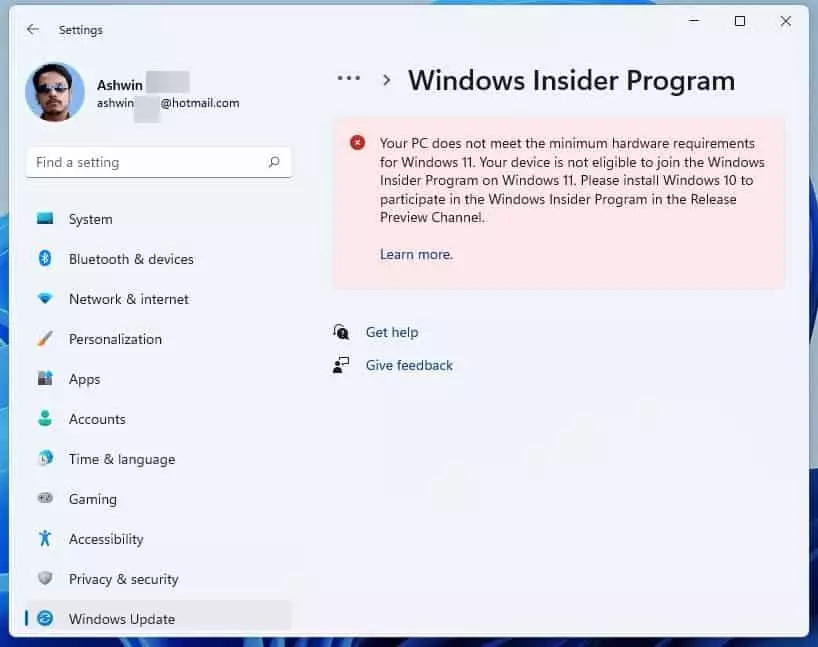 Windows Insider Programmasy talaplara laýyk gelmeýär