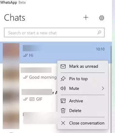 WhatsApp Beta - Chat-Kontextmenü