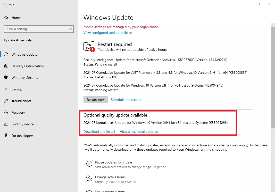 Actualización opcional KB5004296 Windows 10