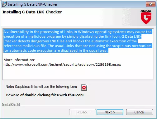 G Data LNK-Checker သည် LNK Security Vulnerability ကို ကာကွယ်သည်။