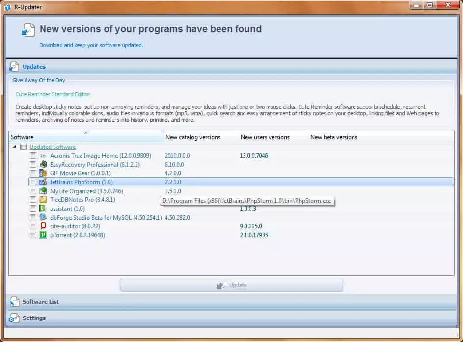 R-Updater, сканира инсталиран софтуер за актуализации