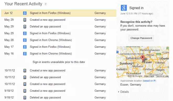 Google voeg onlangse aktiwiteit by die rekeningsekuriteitkontroleskerm
