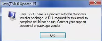 Stel Java-fout 1723 reg. Daar is 'n probleem met hierdie Windows Installer Package