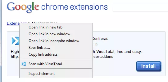 Virusskann alle koblinger med VirusTotal i Chrome med VTchromizer