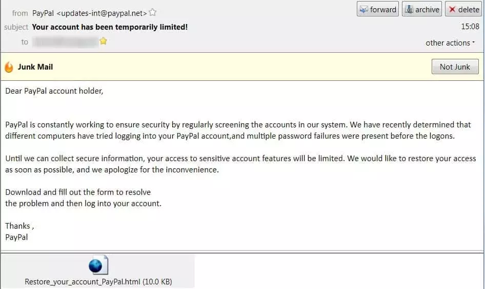 PayPal Ang Imong Account Temporaryong Limitado Mga Email sa Phishing