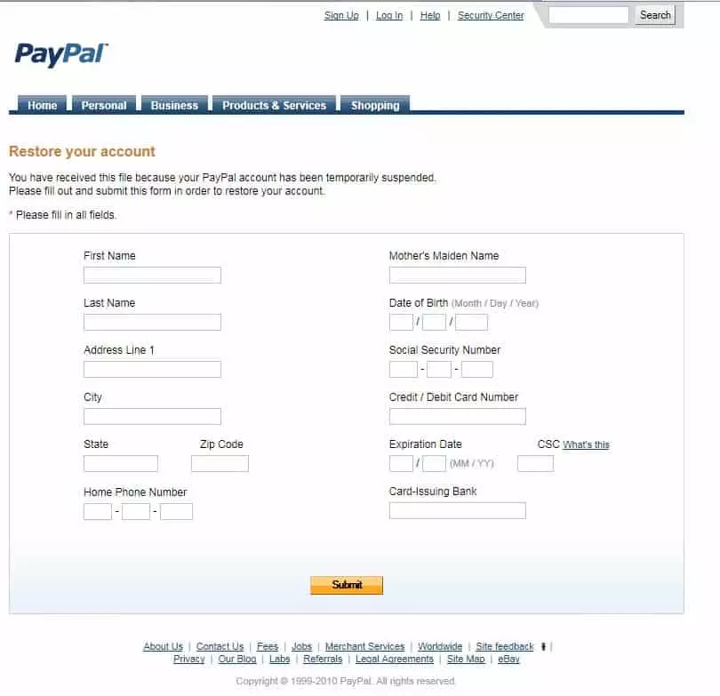 paypal фишинг