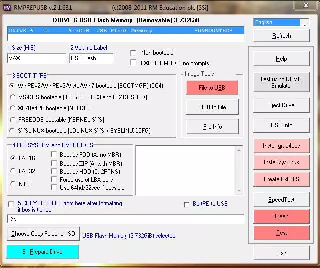 Creu Windows Bootable neu Linux USB gyda RPrepUSB