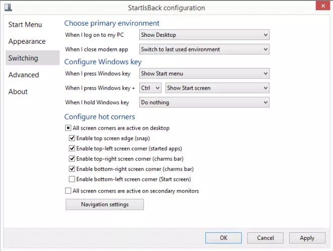 startisback switching config