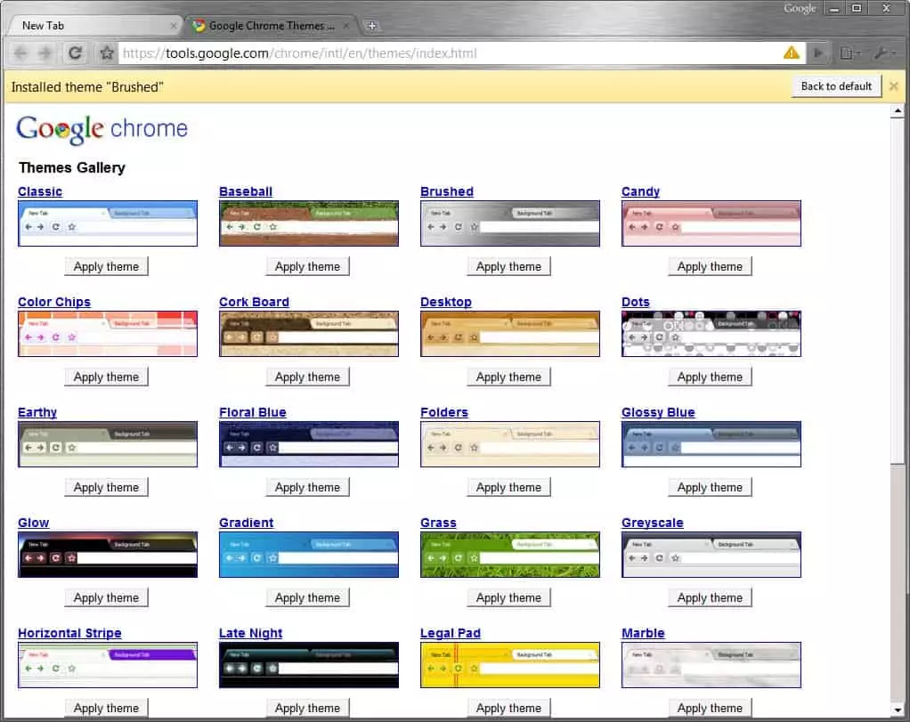 Google Chrome téma webhely élőben