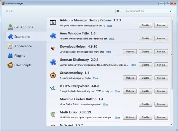 rheolwr addons firefox