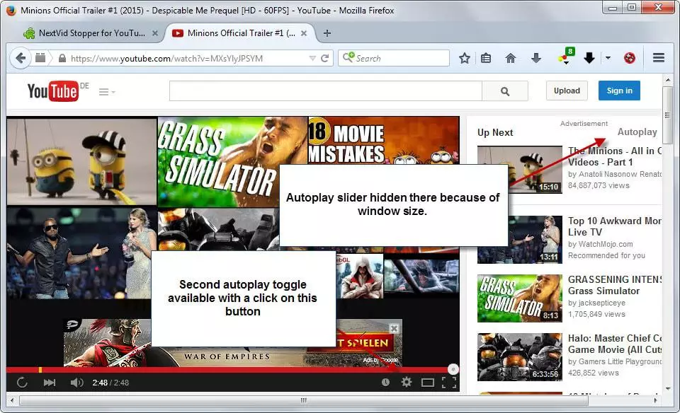 NextVid Stopper за YouTube ја блокира автоматската репродукција на YouTube во Firefox