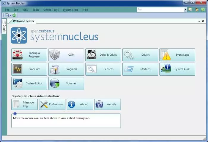 System Nucleus, systémový audit vše v jednom, zálohování, řešení problémů a software pro přizpůsobení