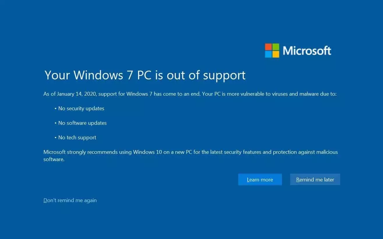 Come disabilitare il popup a schermo intero "Il tuo PC Windows 7 non è supportato".