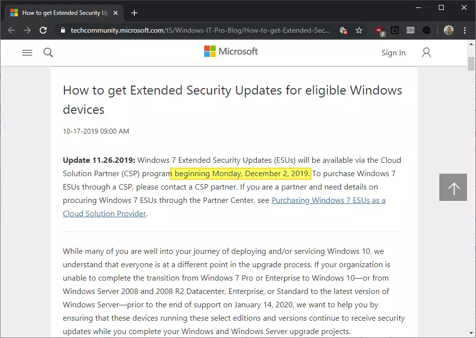 확장된 보안 업데이트 Windows 7