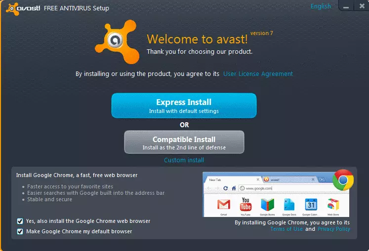 Avast 7 នឹងដំឡើង Google Chrome ប្រសិនបើអ្នកមិនយកចិត្តទុកដាក់