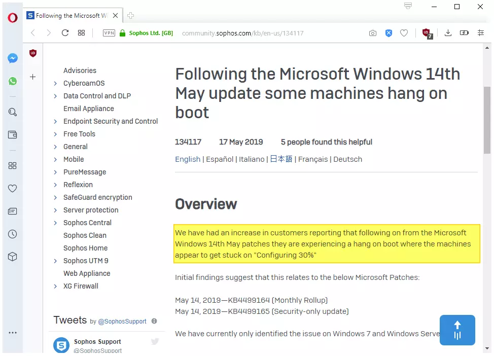 Gicurasi 2019 ivugurura rya Windows 7 na Server 2008 R2 ntirikine neza hamwe na software ya McAfee cyangwa Sophos, byongeye