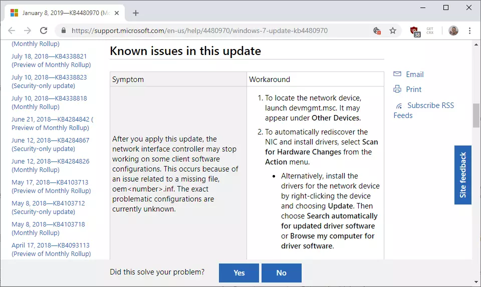 Windows 7 va Server 2008 R2 KB4480970 va KB4480960 yangilanishlari tarmoq muammolarini keltirib chiqaradi