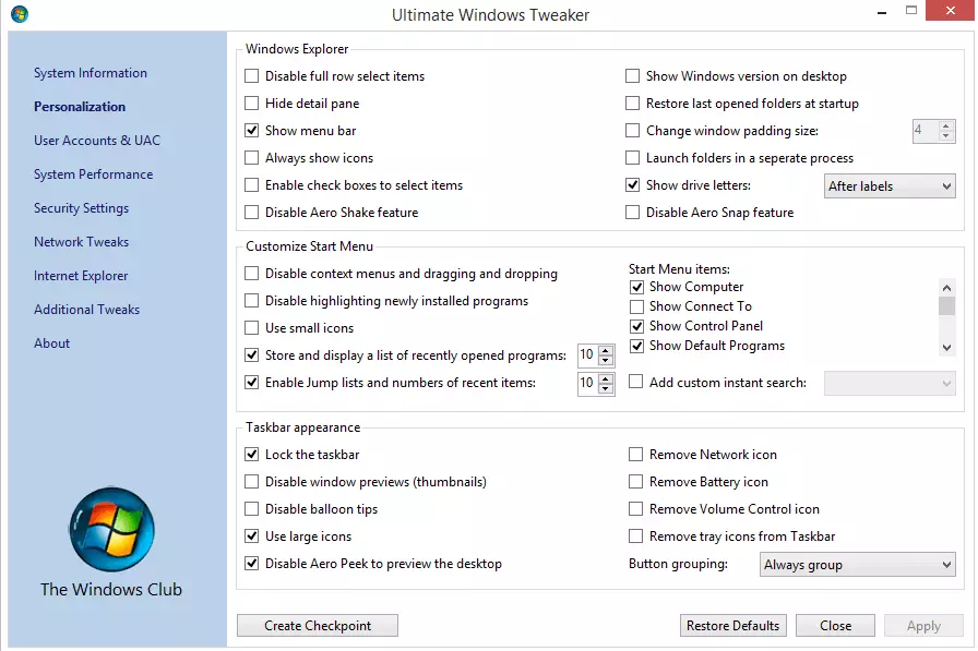 Ultimate Windows Tweaker untuk Windows 8 memungkinkan Anda menyesuaikan sistem operasi