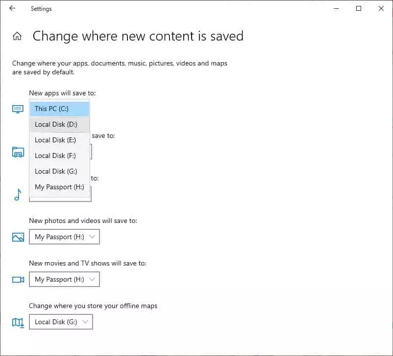 Як змінити місце збереження за замовчуванням у Windows 10 - виберіть диск