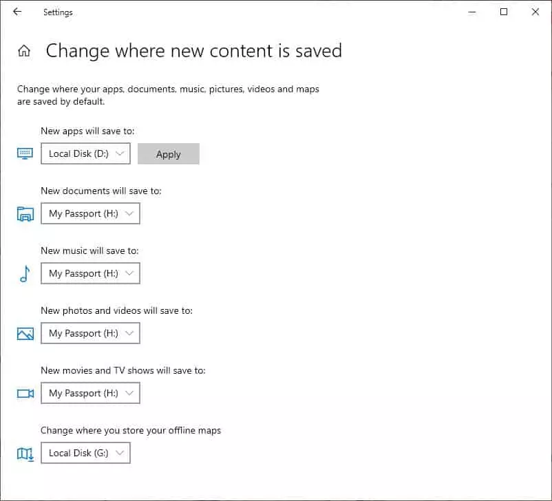 Sådan ændres standardlagringsplaceringen i Windows 10 - anvend
